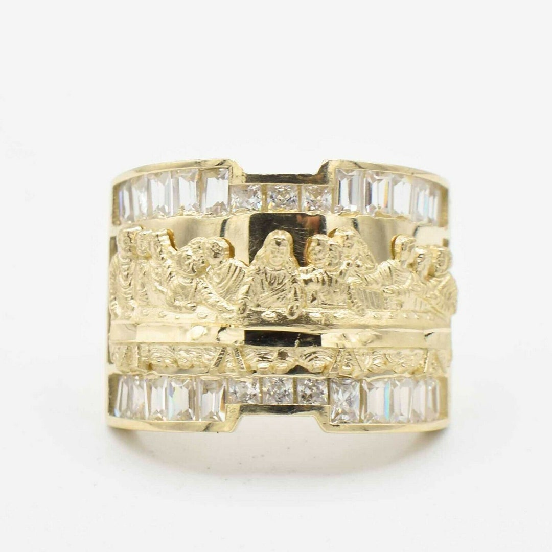 Textured CZ Last Supper Ring Real Solid 10K Yellow Gold All Sizes - Etsy