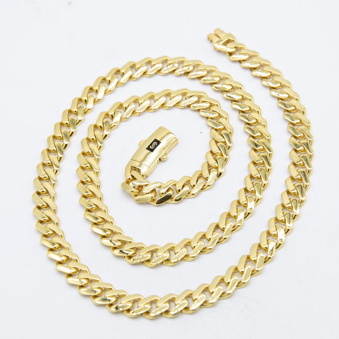 7.5mm Miami Cuban Link Chain Shiny Plain Necklace Real 14K Yellow Gold ...