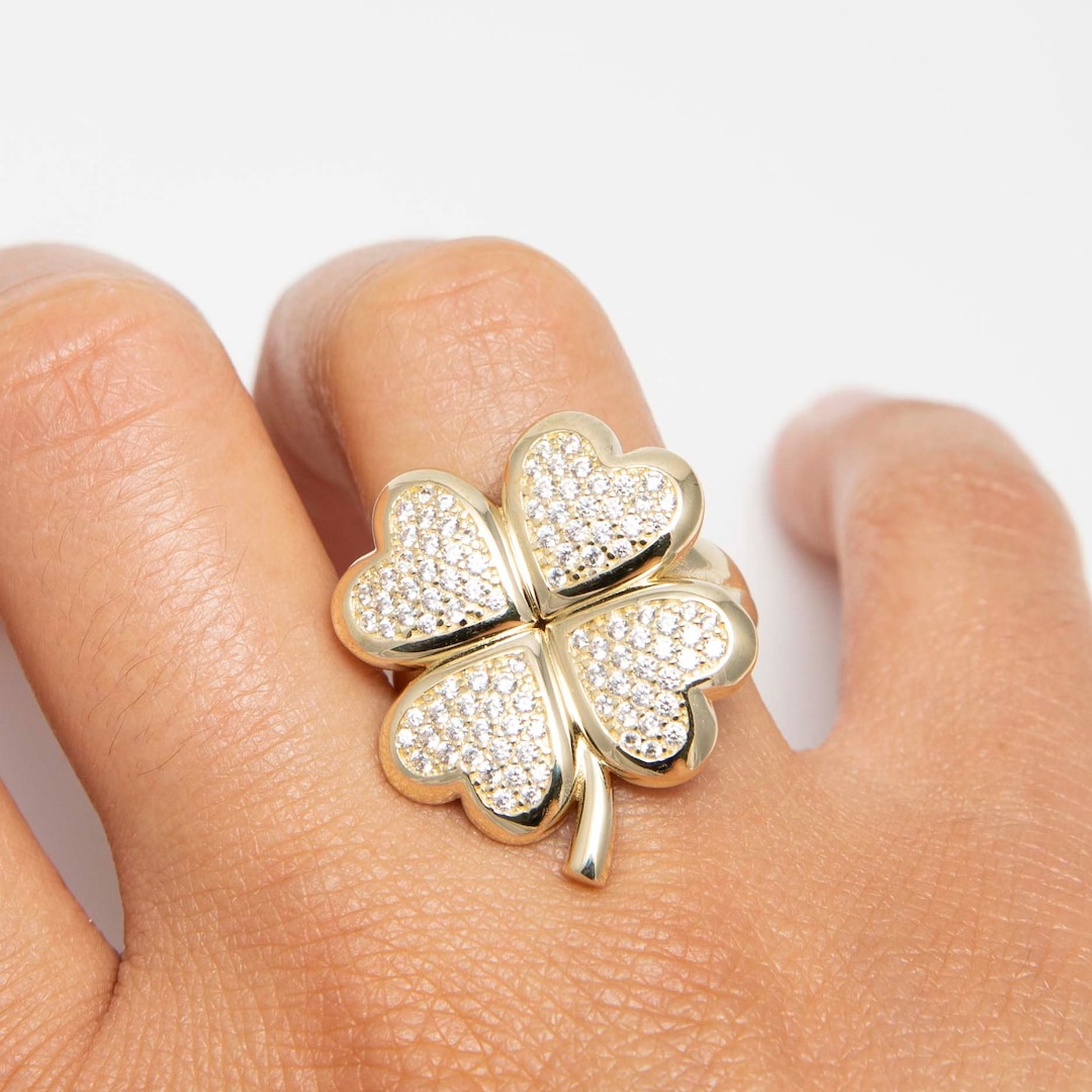 CZ Puffy Clover Luck Ring Real 10K Yellow Gold All Sizes - Etsy