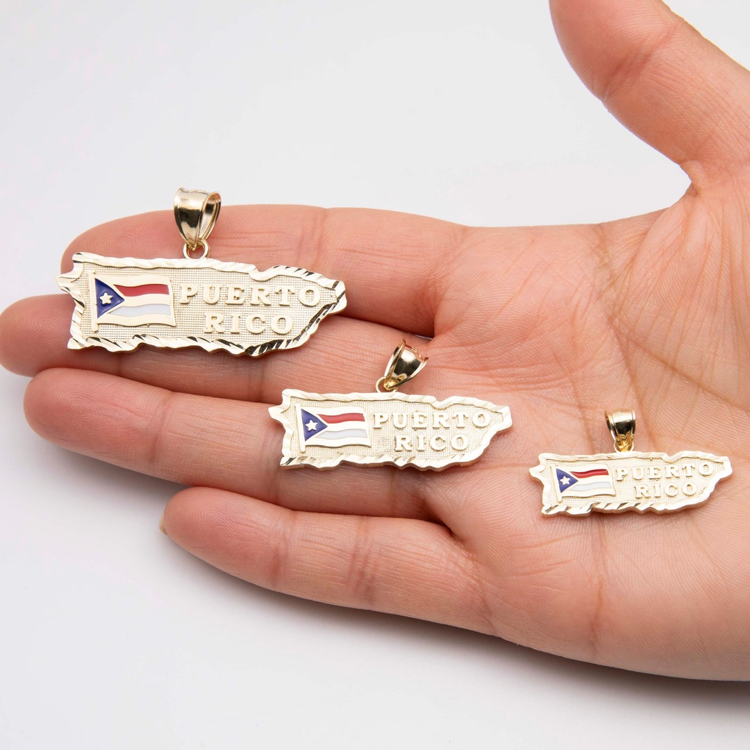 Diamond-cut Puerto Rico Map & Flag Pendant Real 10K Yellow Gold All ...