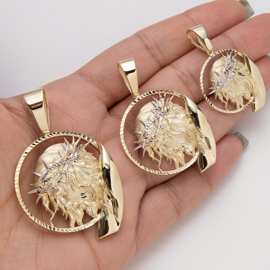 Diamond-cut Face of Jesus Medallion Pendant Satin 10K Yellow White Gold ...