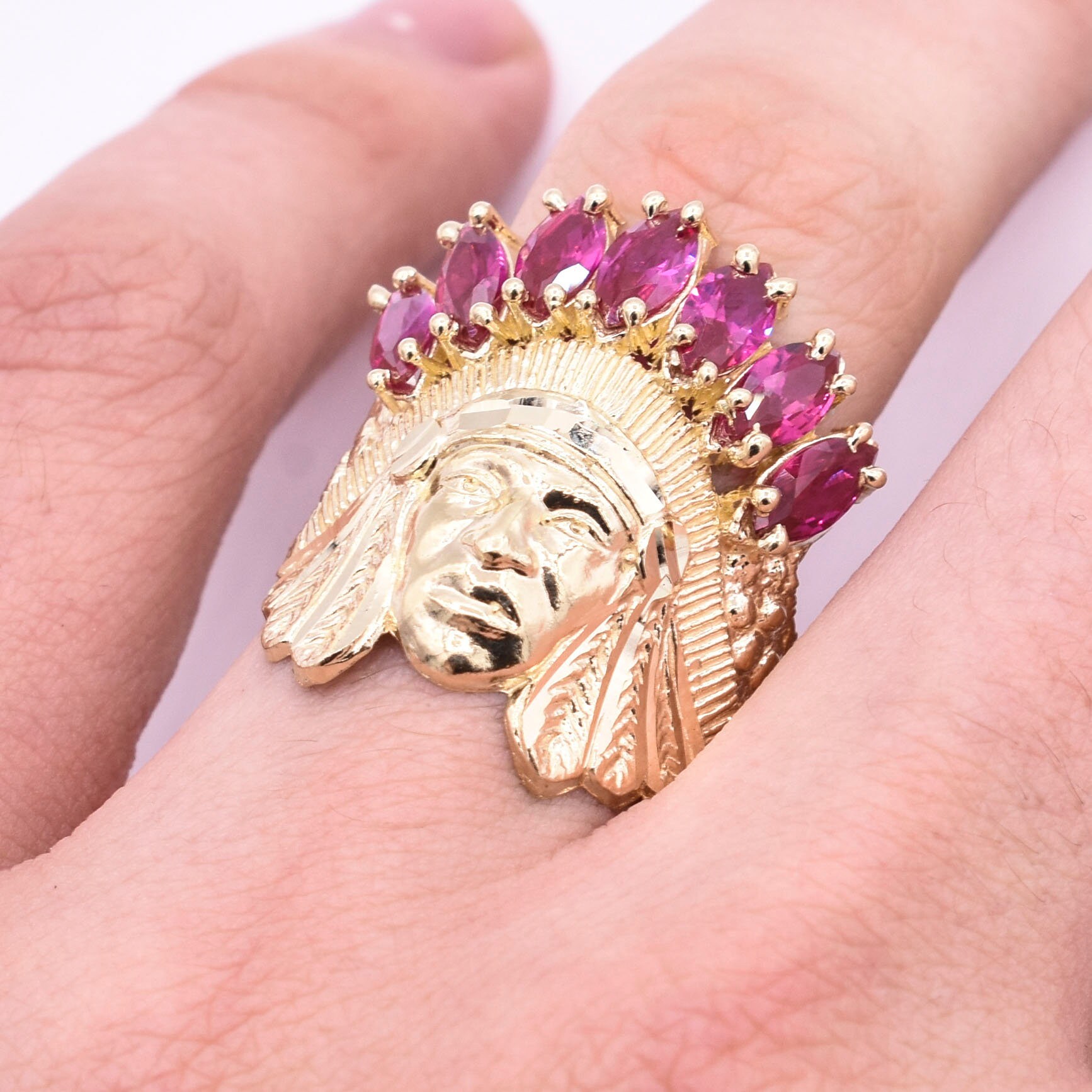 Men's Native American Indian Head Ruby Red CZ Solid 10K - Etsy
