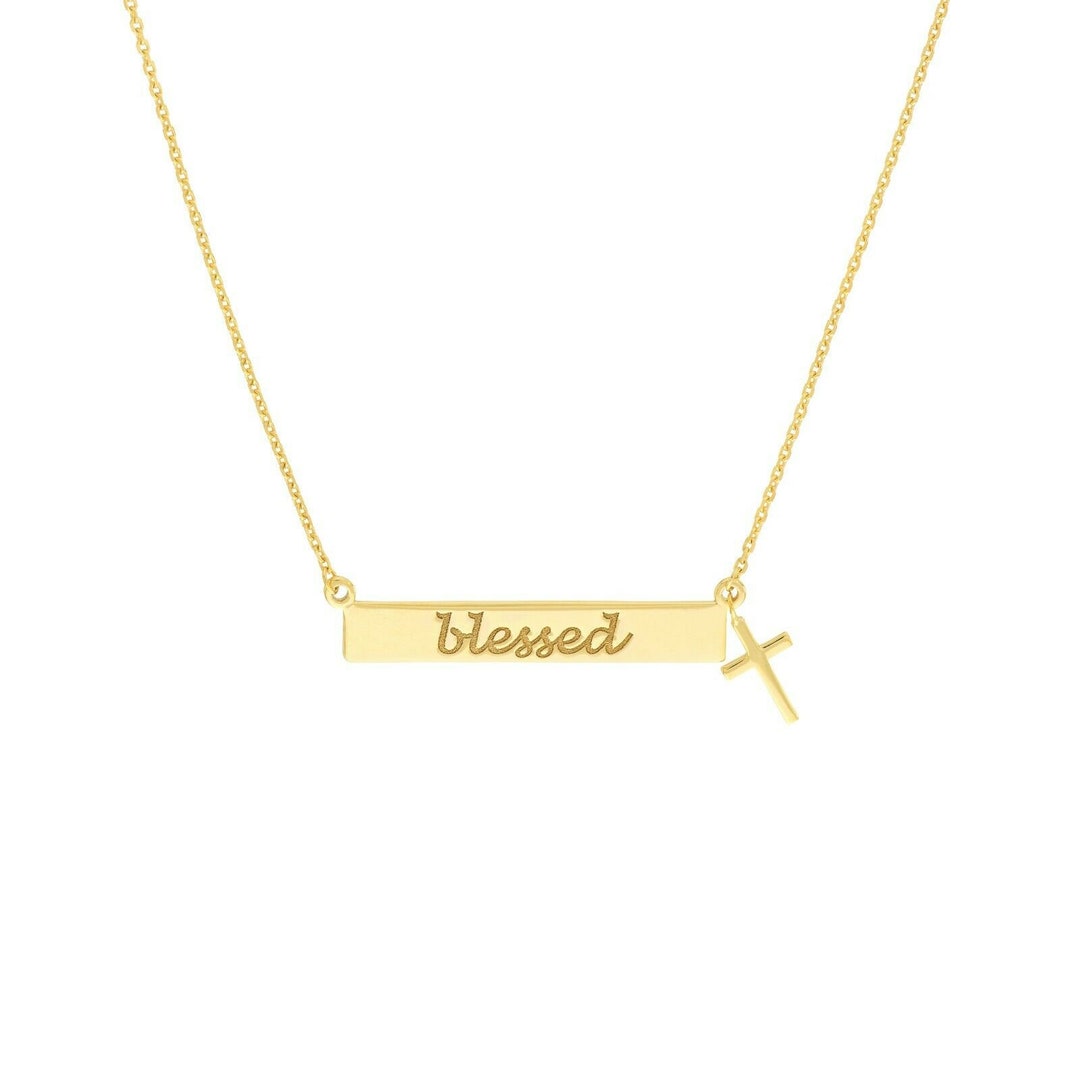 Blessed Mini Bar Cross Adjustable Chain Necklace Real 14K Yellow Gold ...