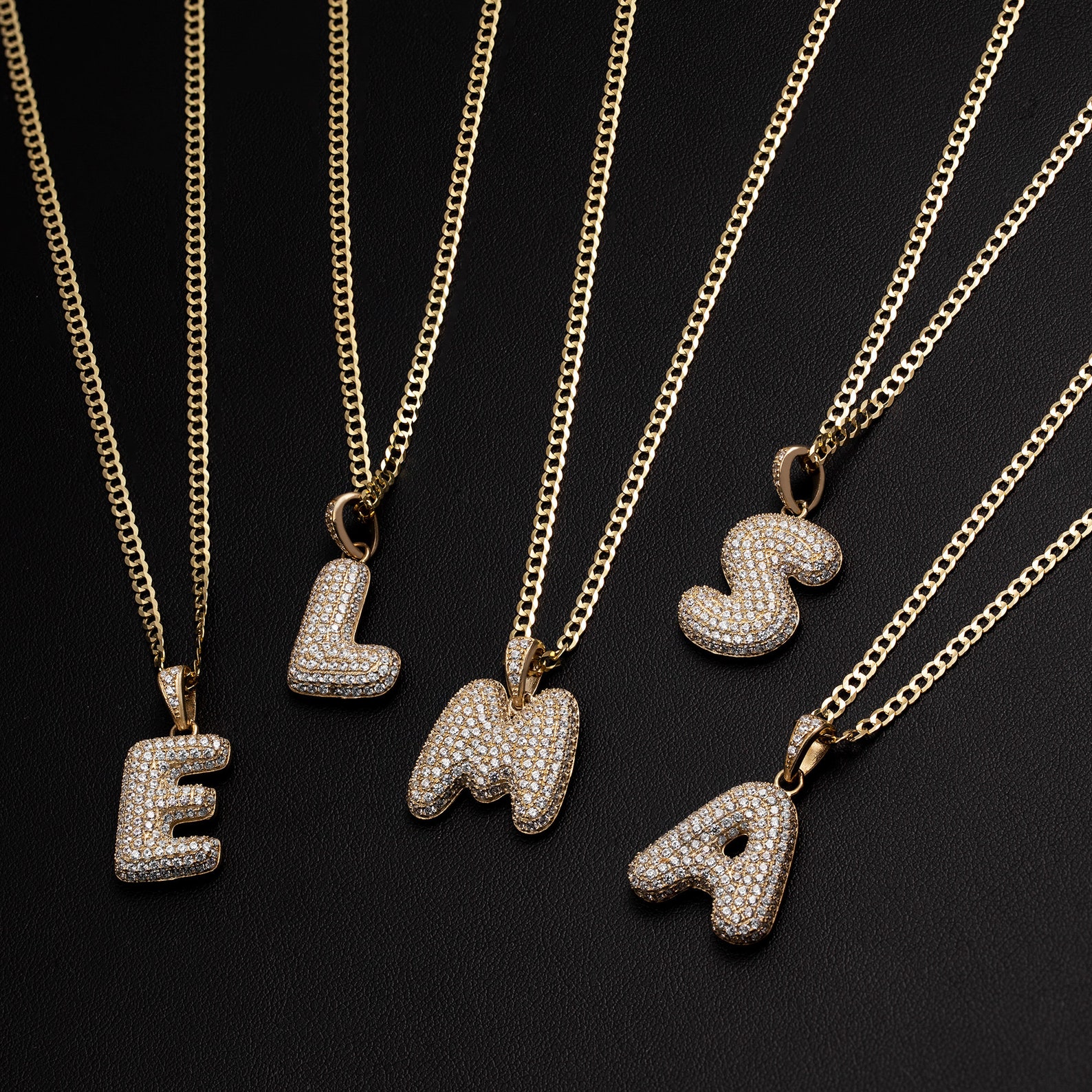 CZ Bubble Initial Letter Chain & Pendant Necklace Set Real 10K - Etsy