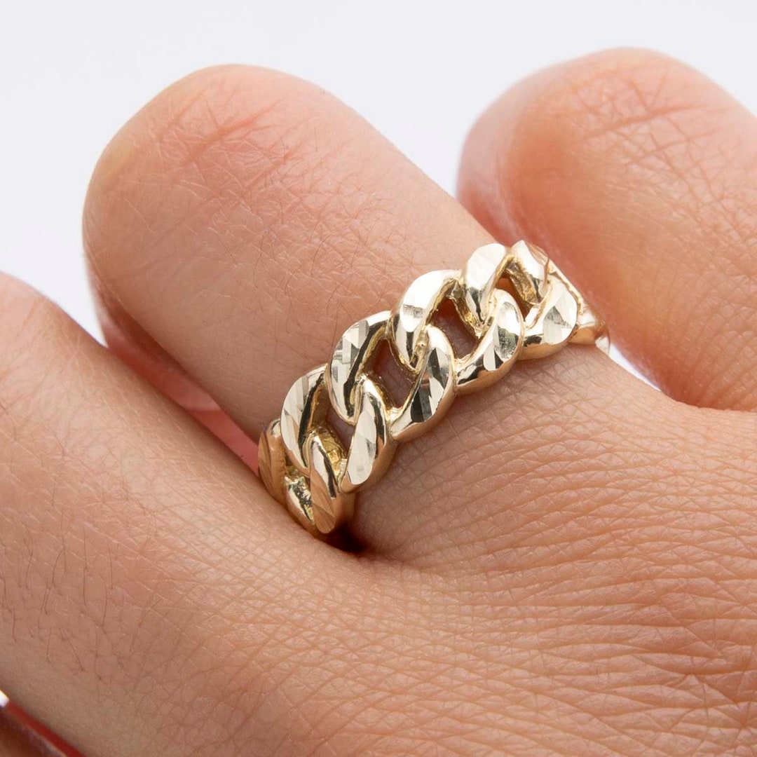 7.5mm Diamond-cut Cuban Link Ring Real 10K Yellow Gold All Sizes - Etsy