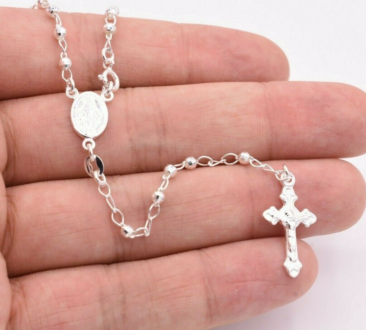 3mm Rosary Diamond Cut Chain Necklace Real Sterling Silver 925 Italian ...