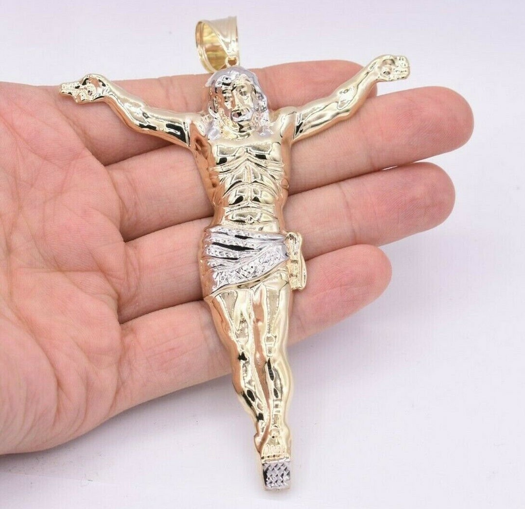 5" Two Tone Diamond-cut Jesus Crucifix Pendant Real 10K Yellow White ...