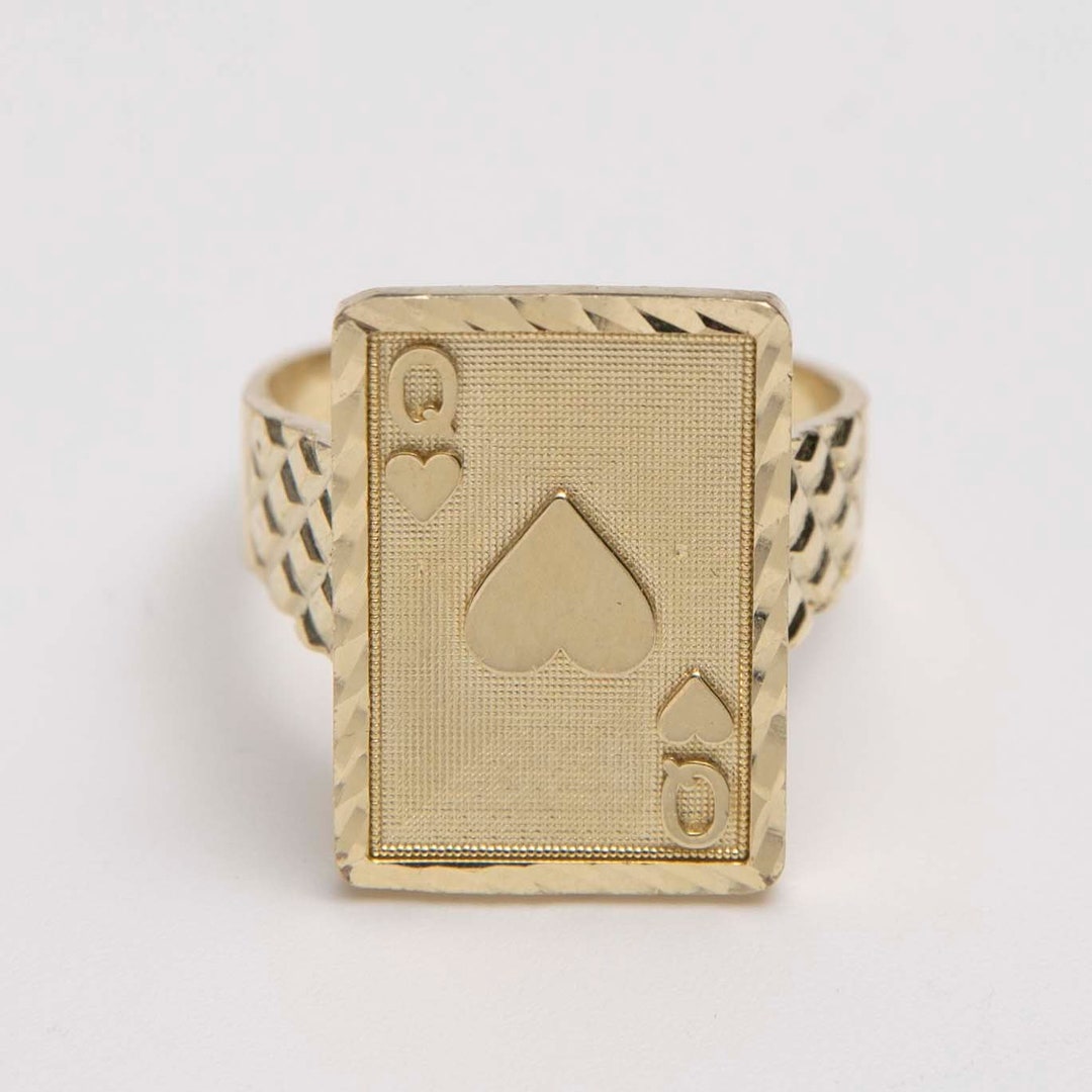 Queen of Hearts Playing Card Ring Solid 10K Yellow Gold All Sizes - Etsy