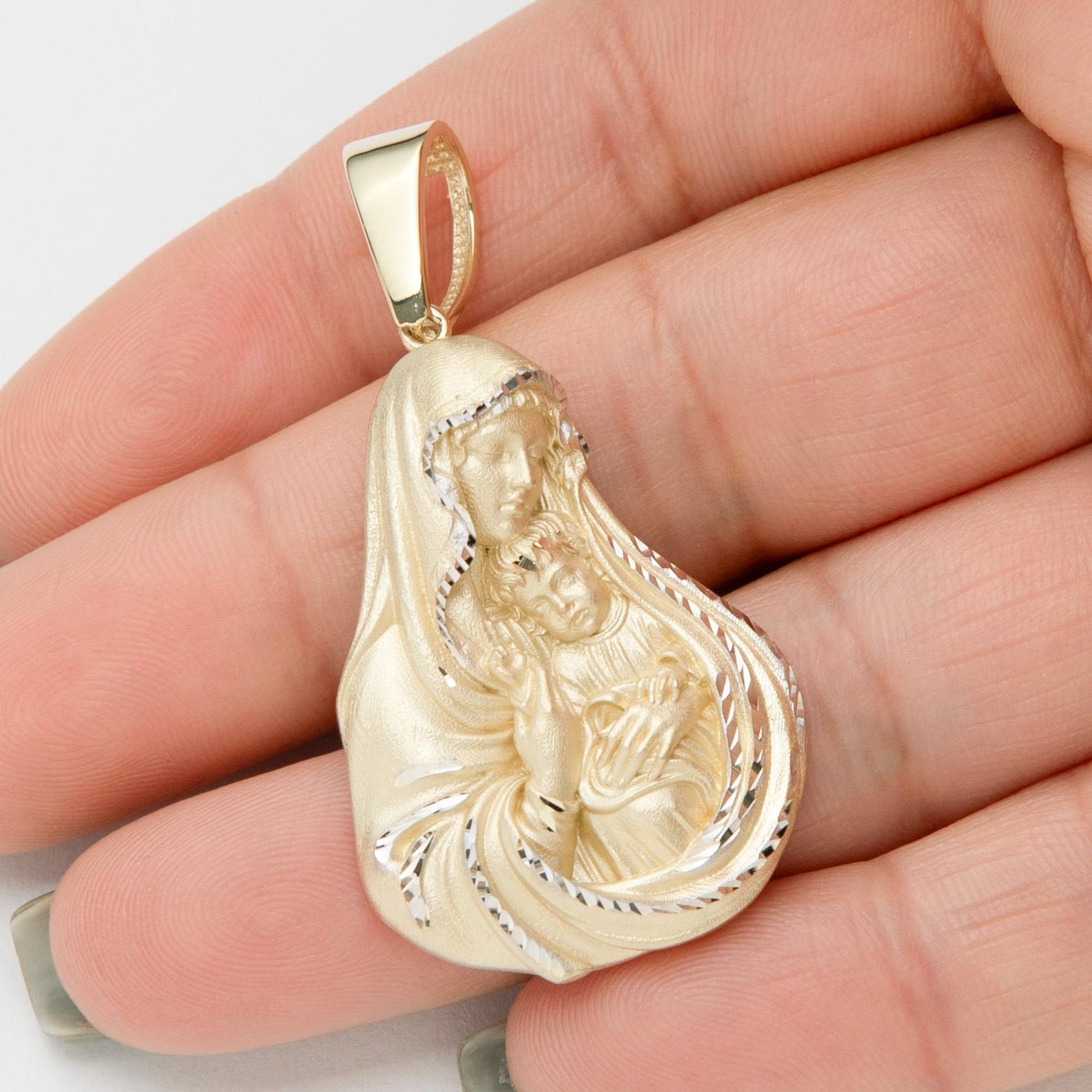 1" Diamond-cut Virgin Mary Baby Jesus Pendant Satin 10K Yellow White ...