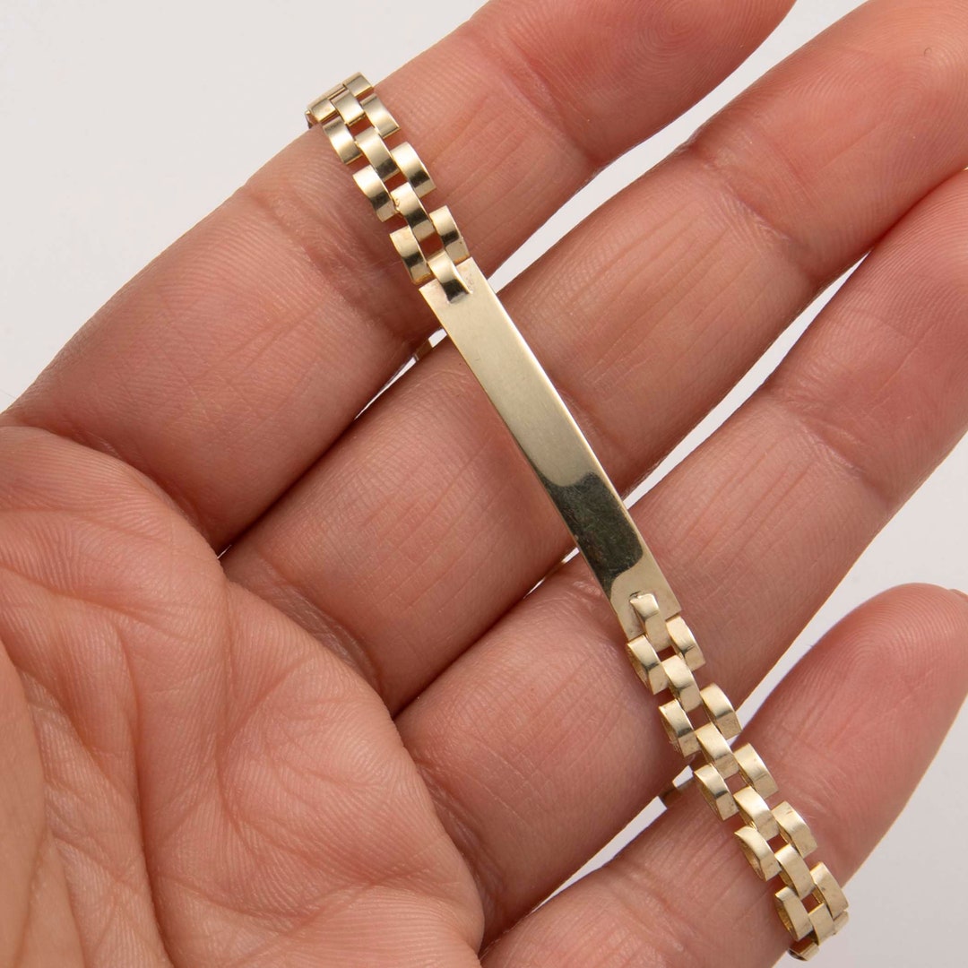 Shiny Railroad Link Chain Engravable ID Bracelet Real 10K Yellow Gold ...
