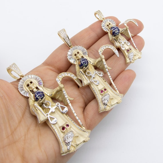 CZ Halo Santa Muerte Angel of Death Pendant Real 14K Yellow White Gold All Sizes Etsy