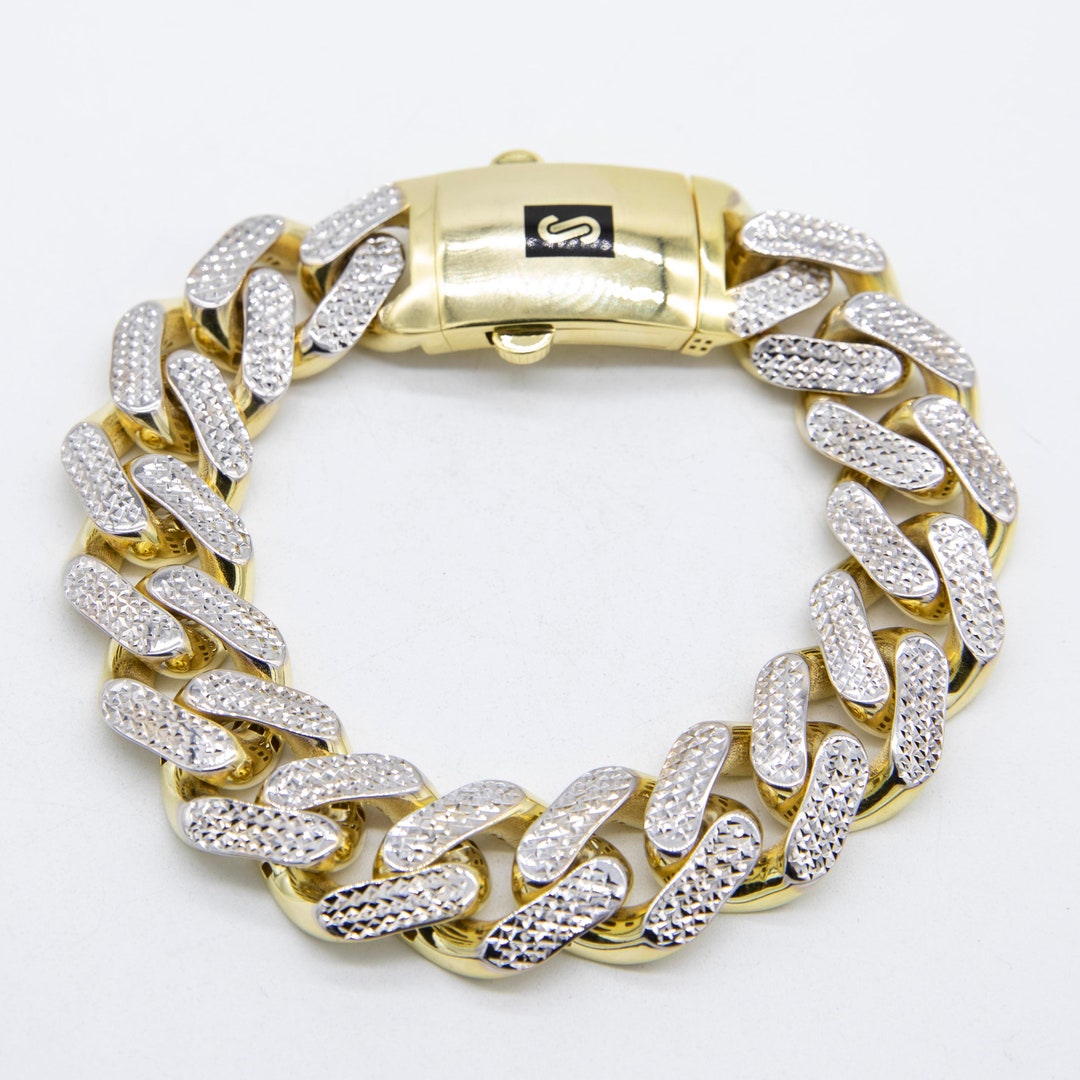 17mm Miami Cuban Link Diamond Cut Reversible Bracelet Real 10K Yellow ...