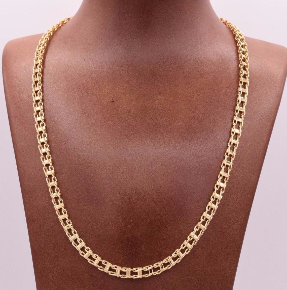 20" Mens Railroad Chain Necklace Real Solid 14K Yellow Gold Fancy Lock ...