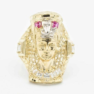 Huge CZ Pharaoh Egyptian King Ring Real Solid 10K Yellow White Gold All ...