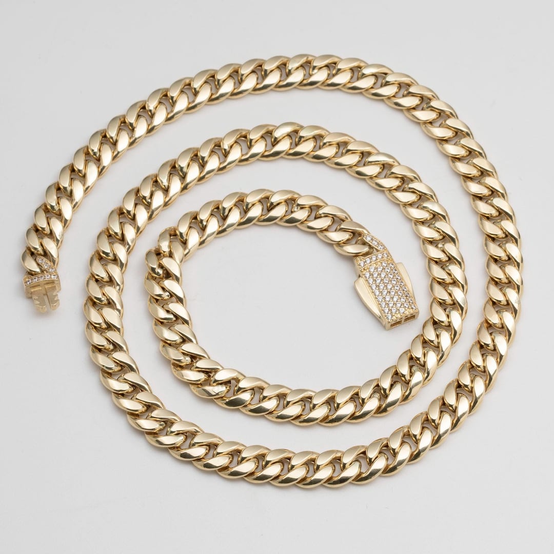 7mm Miami Cuban Link Chain CZ Box Lock Necklace Real 14K Yellow Gold ...
