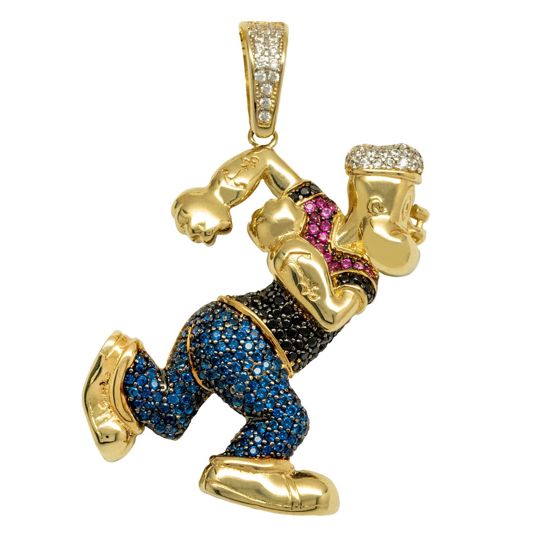 1 3/4" Popeye the Sailor CZ Pendant Real Solid 10K Yellow Gold - Etsy