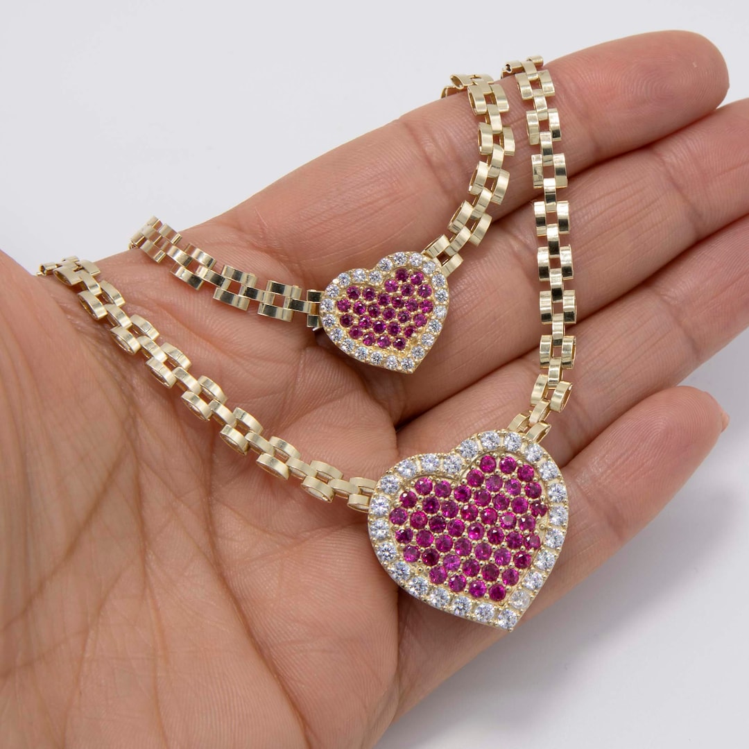 Pink CZ Heart Rlx Railroad Chain Necklace Real 10K Yellow Gold All ...