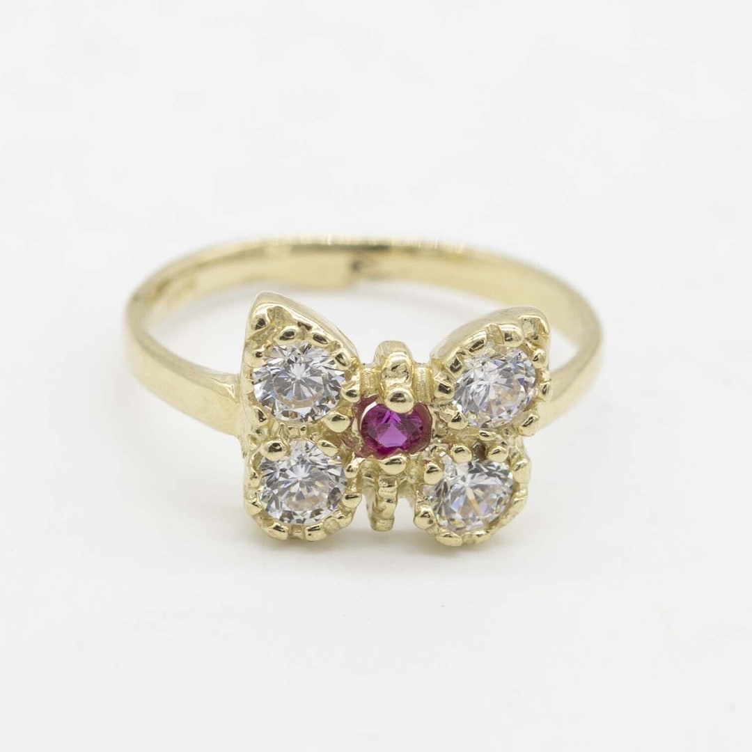 Kids Ruby CZ Butterfly Pinky Ring Real 10K Yellow Gold Size 3 - Etsy