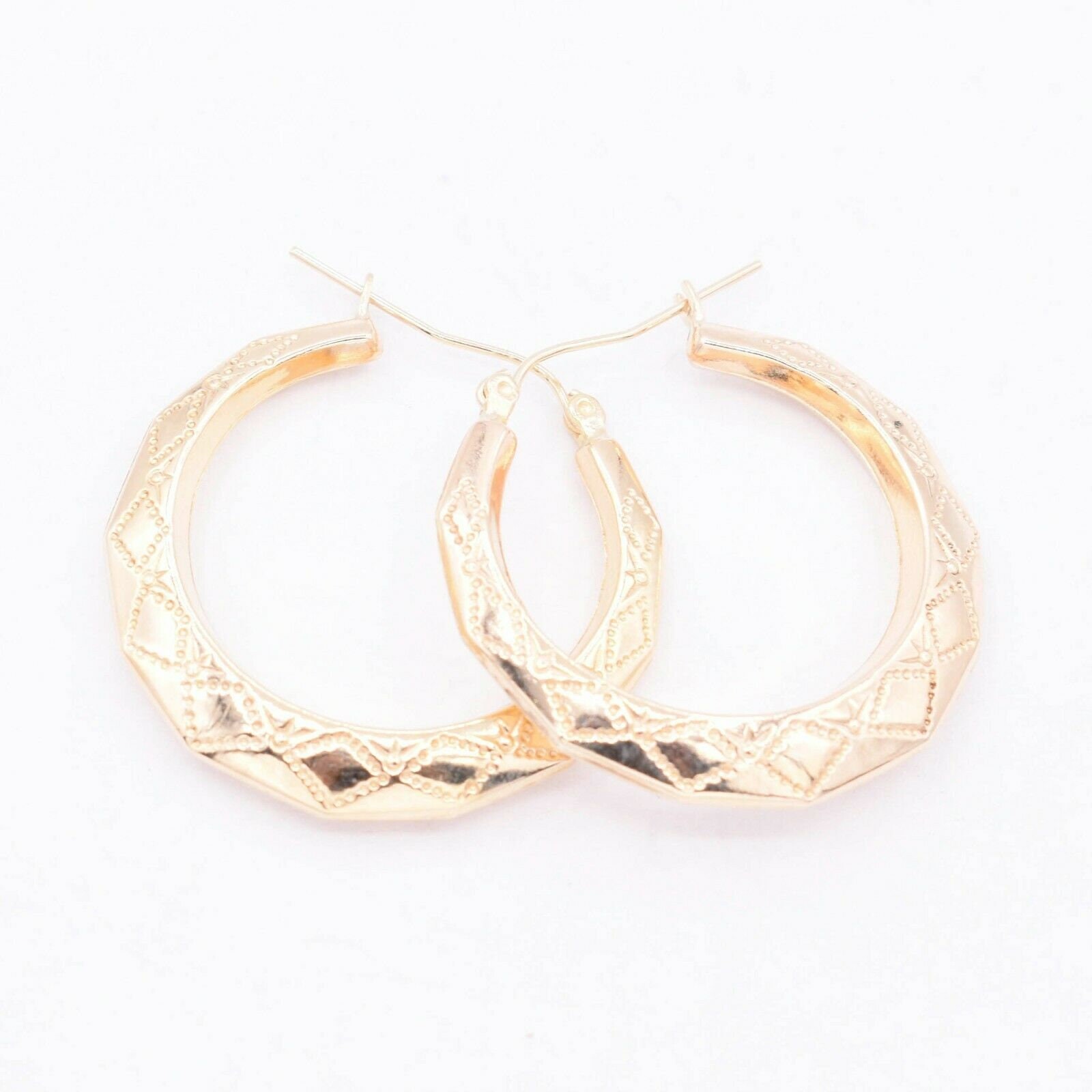 1 3/8" Rhombus Shape Textured Hoop Earrings Real 10K Yellow Gold - Etsy