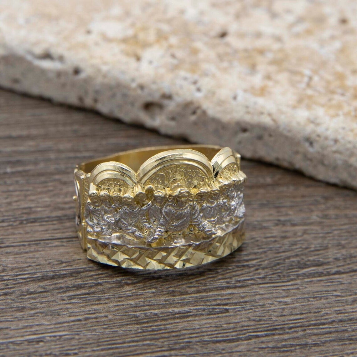 Men's Diamond-cut Last Supper Ring Real Solid 10K Yellow White Gold All ...