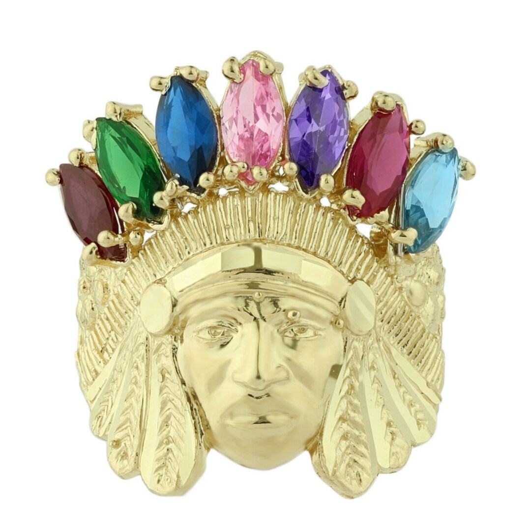 Men's Native American Indian Rainbow CZ Solid 10K Yellow Gold ALL SIZES ...