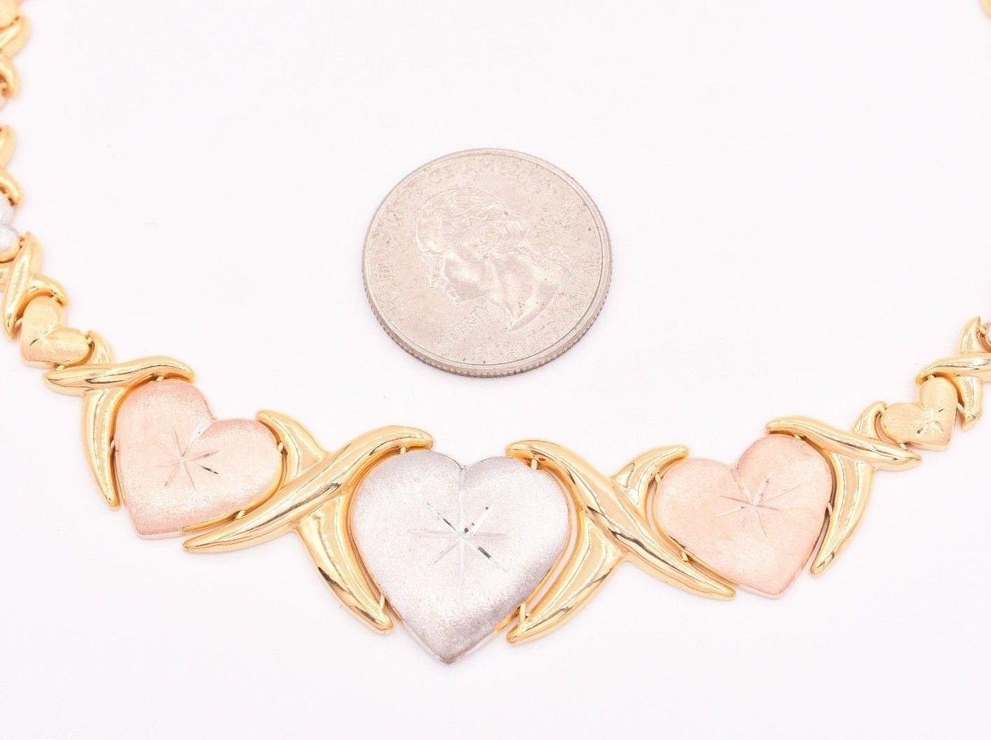 Graduated Hearts & Kisses Chain Necklace 14K Yellow White Rose Gold ...