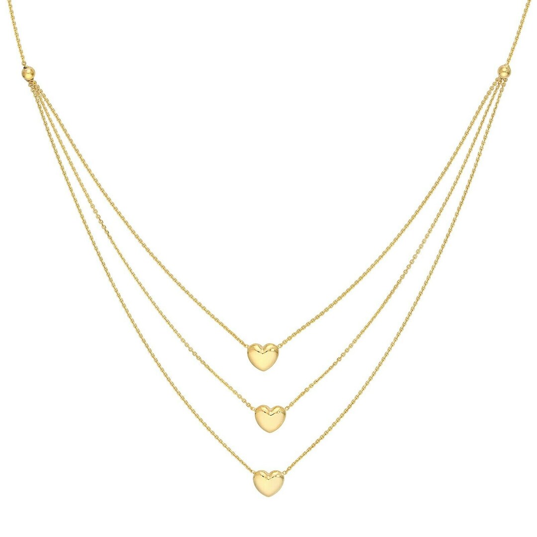 Adjustable Triple Strand Puffed Heart Chain Necklace Real 14K Yellow ...
