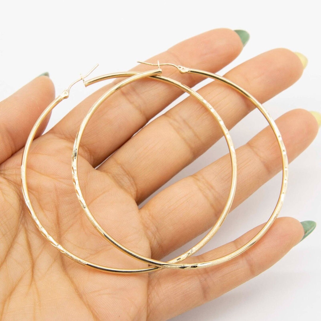 2mm X 70mm 2 3/4" Diamond Cut Shiny Plain Hoop Earrings Real 10K Yellow ...