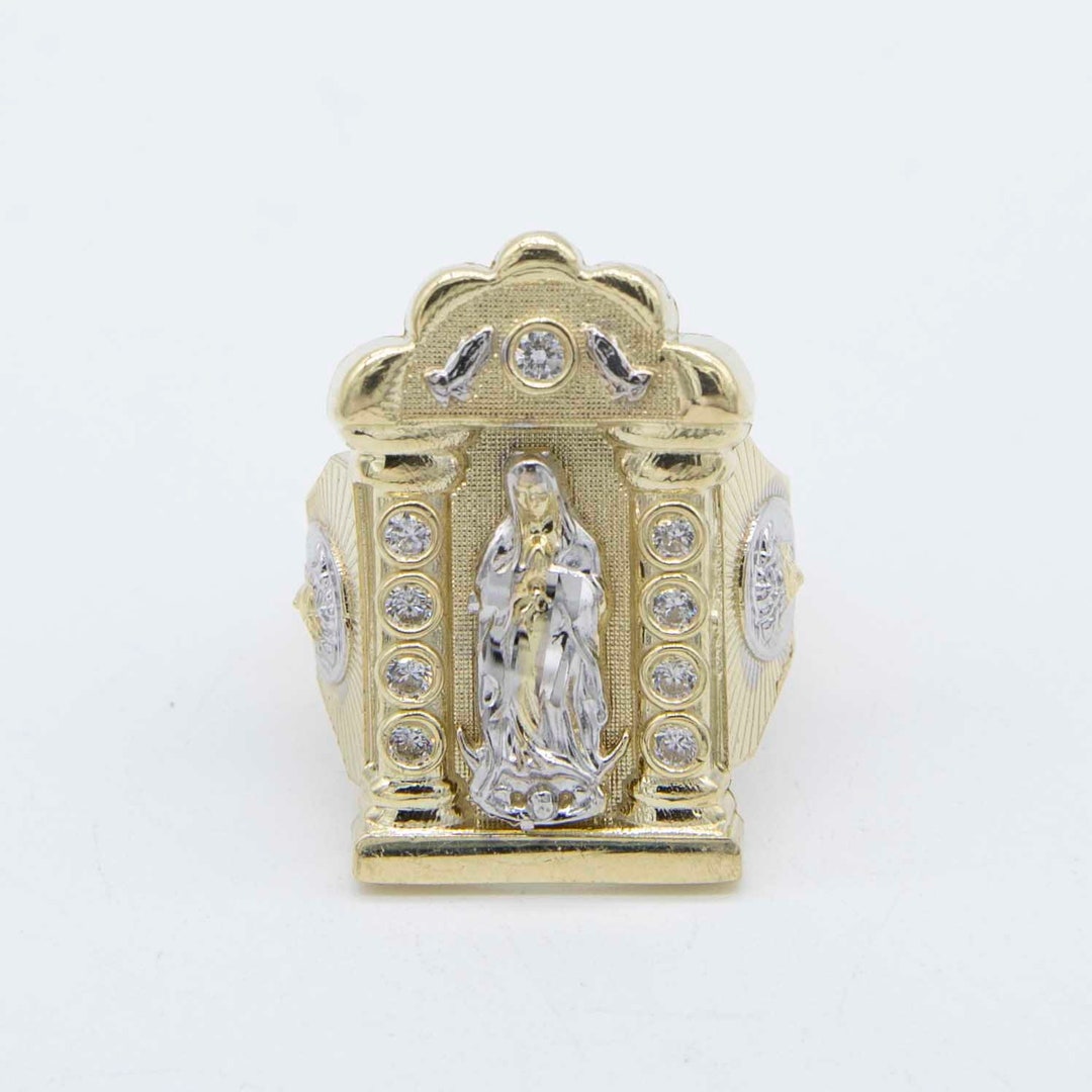 CZ Diamond Cut Lady Guadalupe Virgin Mary Ring Solid 10K Yellow White ...