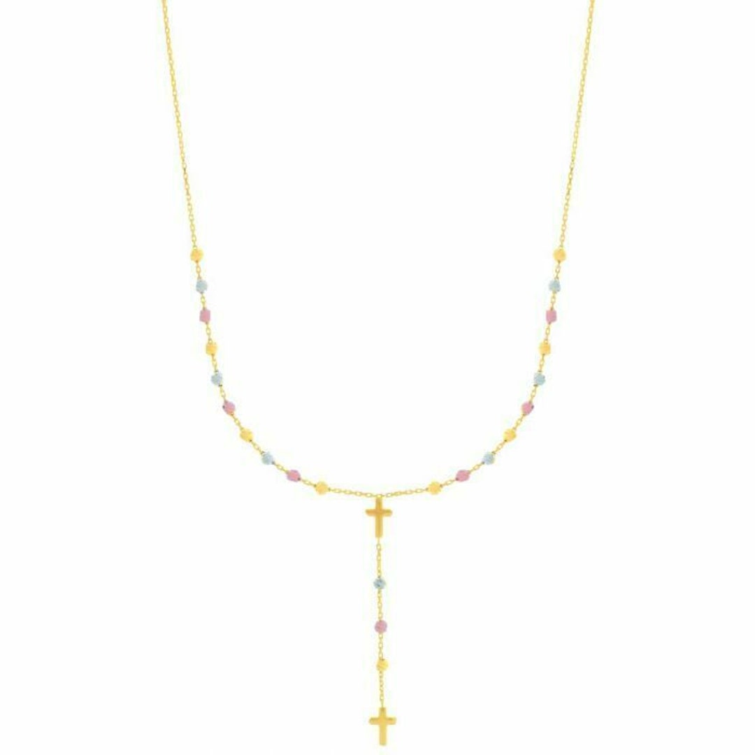 17" Drop Cross Rosary Inspired Necklace Real 14K Tricolor Yellow Gold 2 ...
