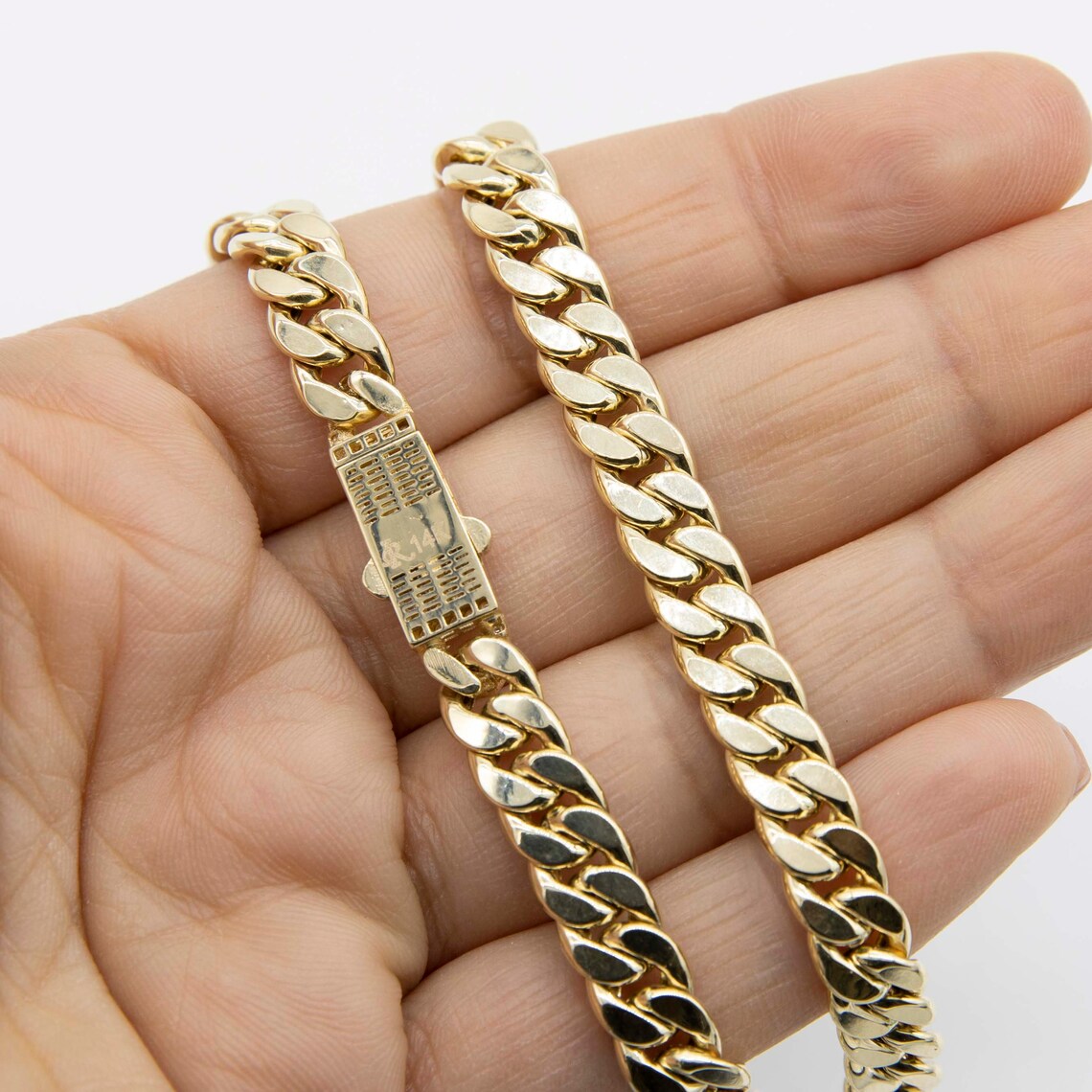 7mm Miami Cuban Link Chain CZ Box Lock Necklace Real 14K Yellow Gold 16 ...