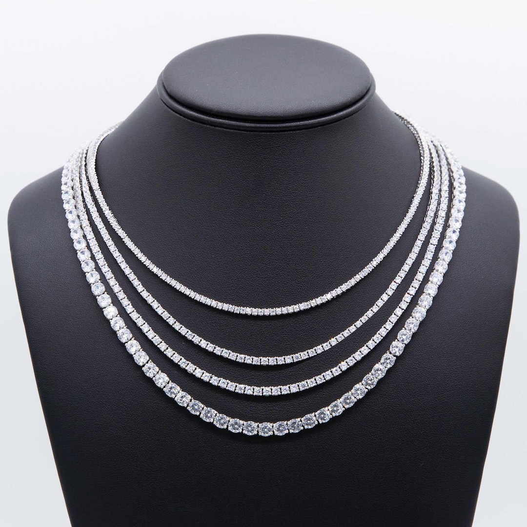 Round-cut CZ Tennis Chain Necklace Sterling Silver 925 All Sizes - Etsy