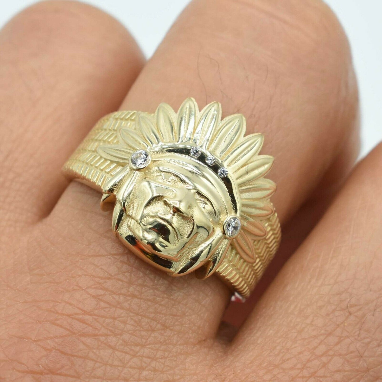 CZ Native American Indian Chief Ring Solid 10K Yellow Gold - Etsy