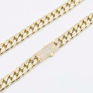 7mm Miami Cuban Link Chain CZ Box Lock Necklace Real 14K Yellow Gold 16 ...