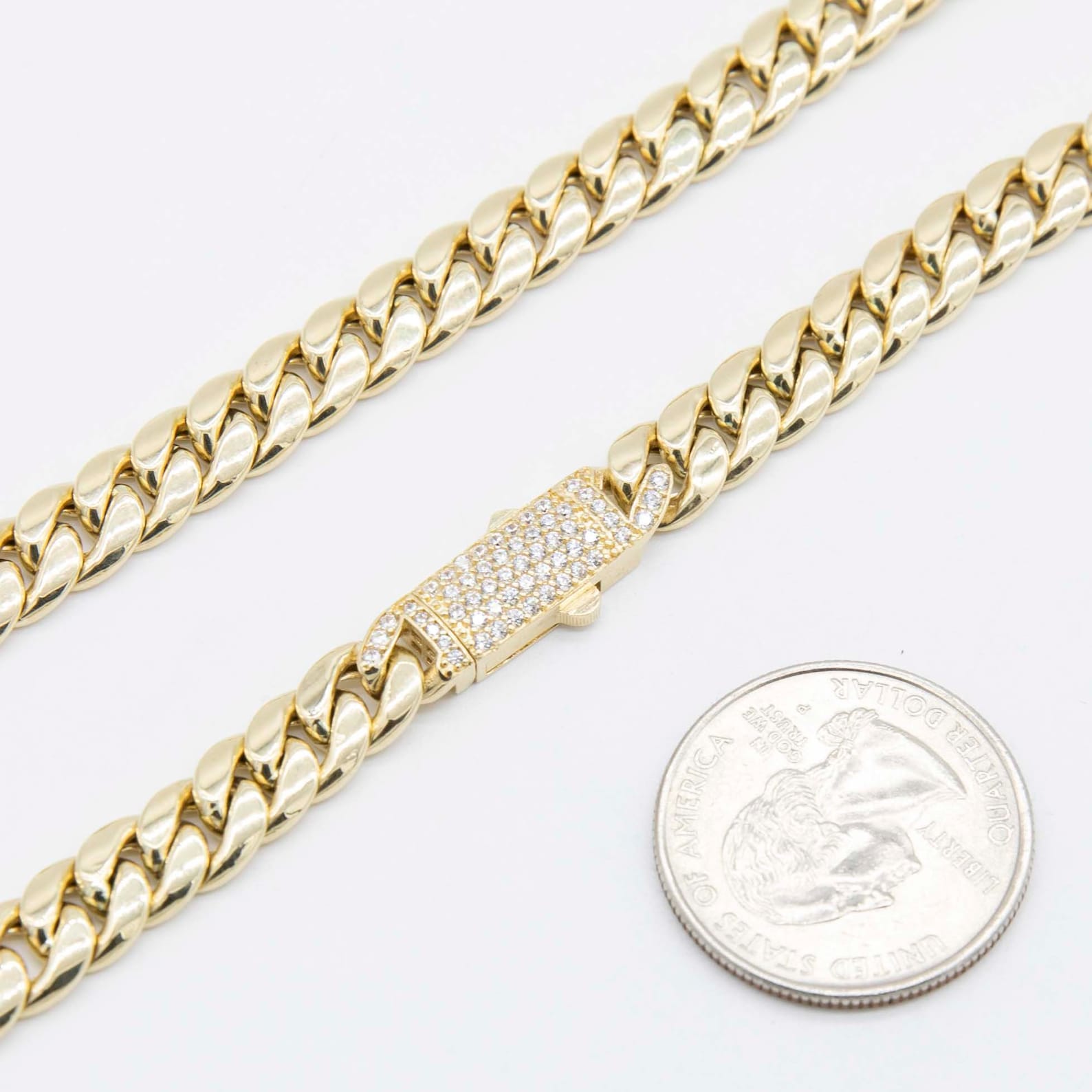 7mm Miami Cuban Link Chain CZ Box Lock Necklace Real 14K Yellow Gold 16 ...