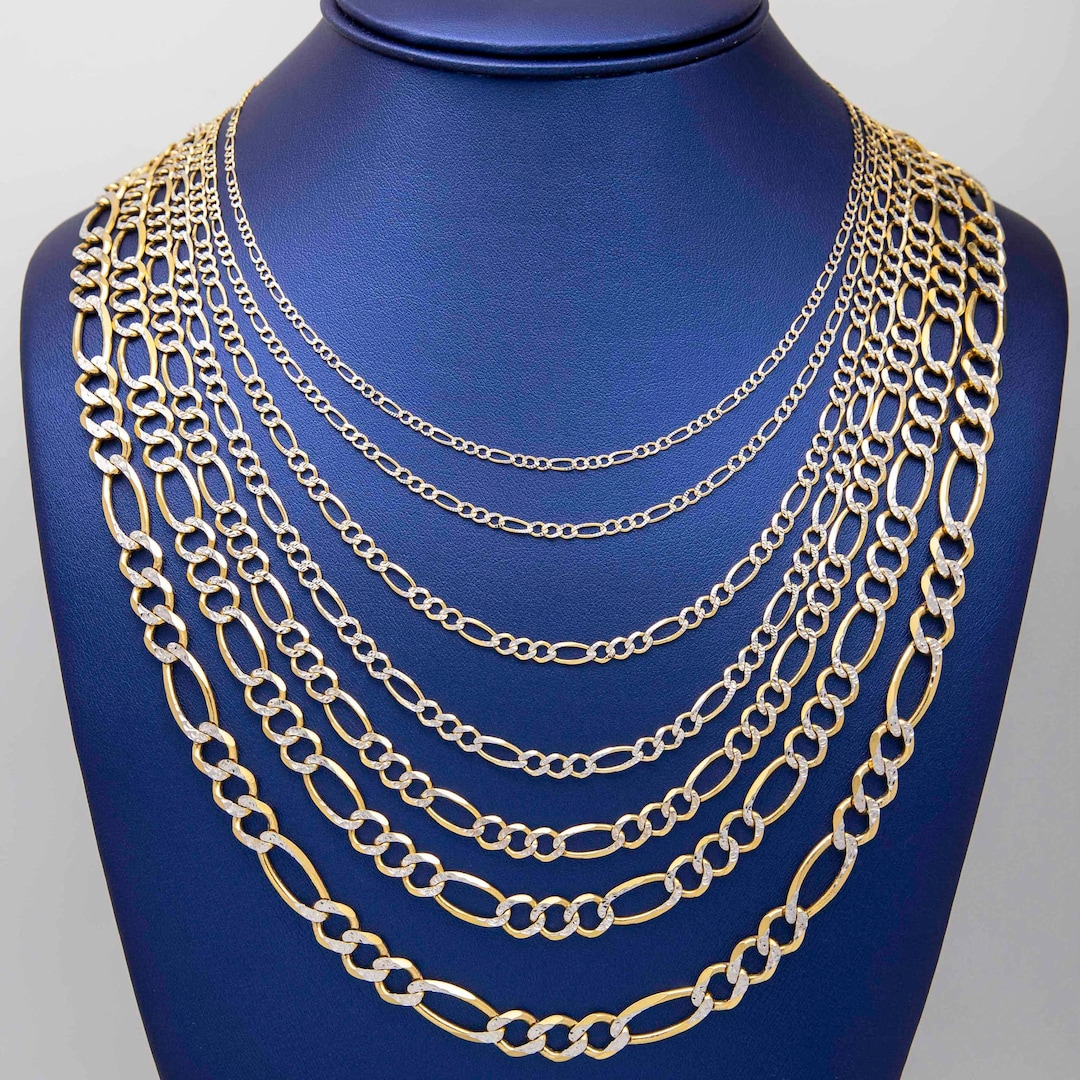 Solid 10k Gold Figaro Pave Two Tone Chain Necklace Real 10K Yellow ...