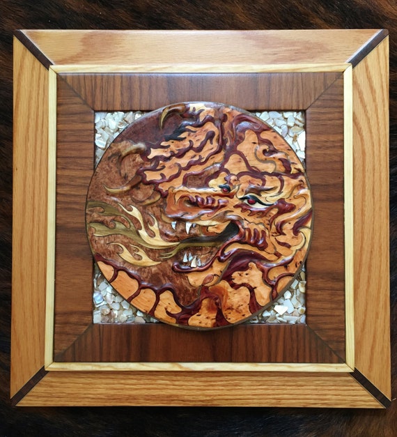 Dragon 16x16x2 inch-Marquetry-Wood Carving-Home | Etsy