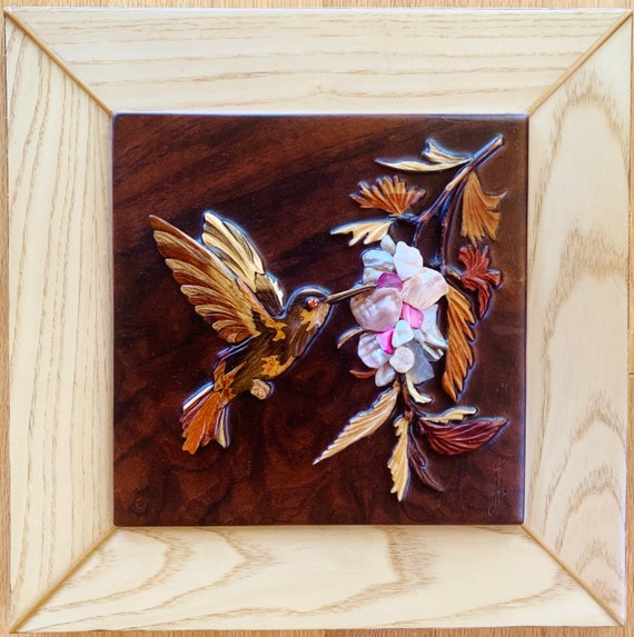 Hummingbird-fine Art 12x12x2 Inch-marquetry-wood Inlay-home - Etsy