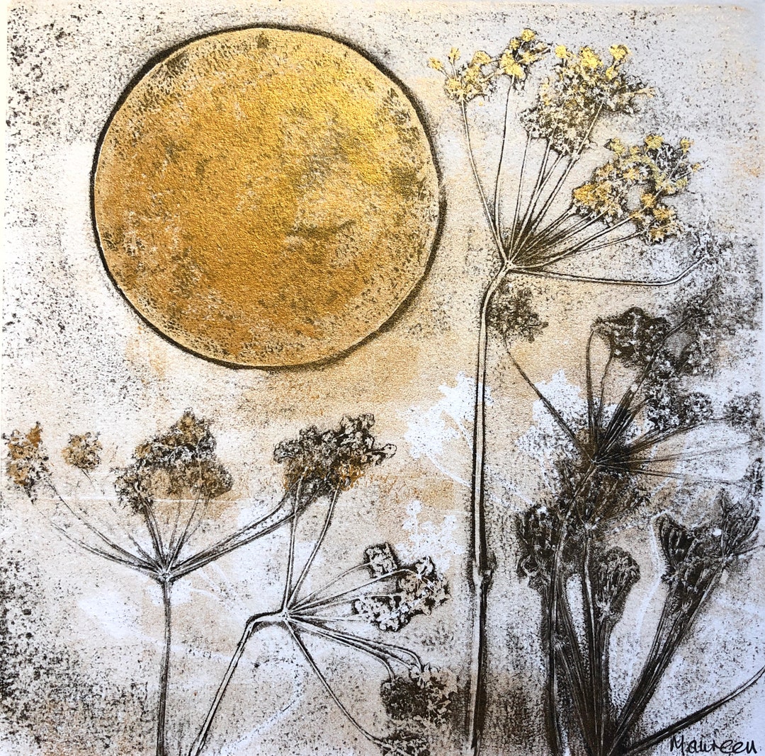 Harvest Moon With Cow Parsley Monoprint, Monotype, Handprinted - Etsy