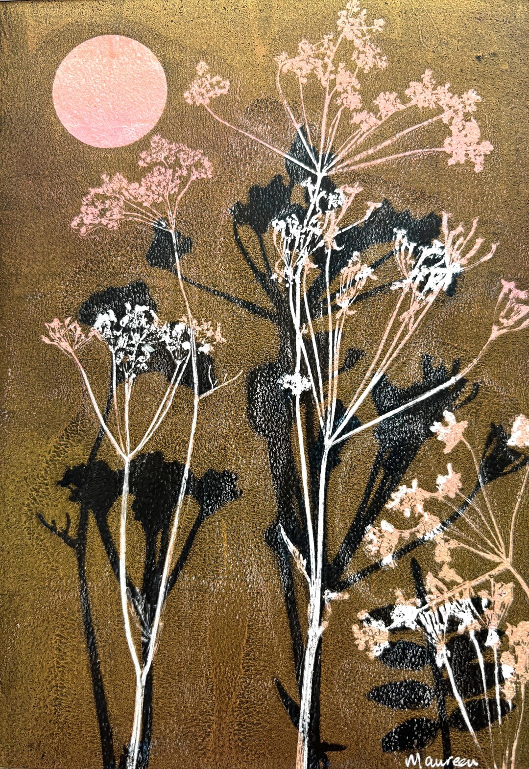 Pink Moon With Cow Parsley: Unique Monotype - Etsy