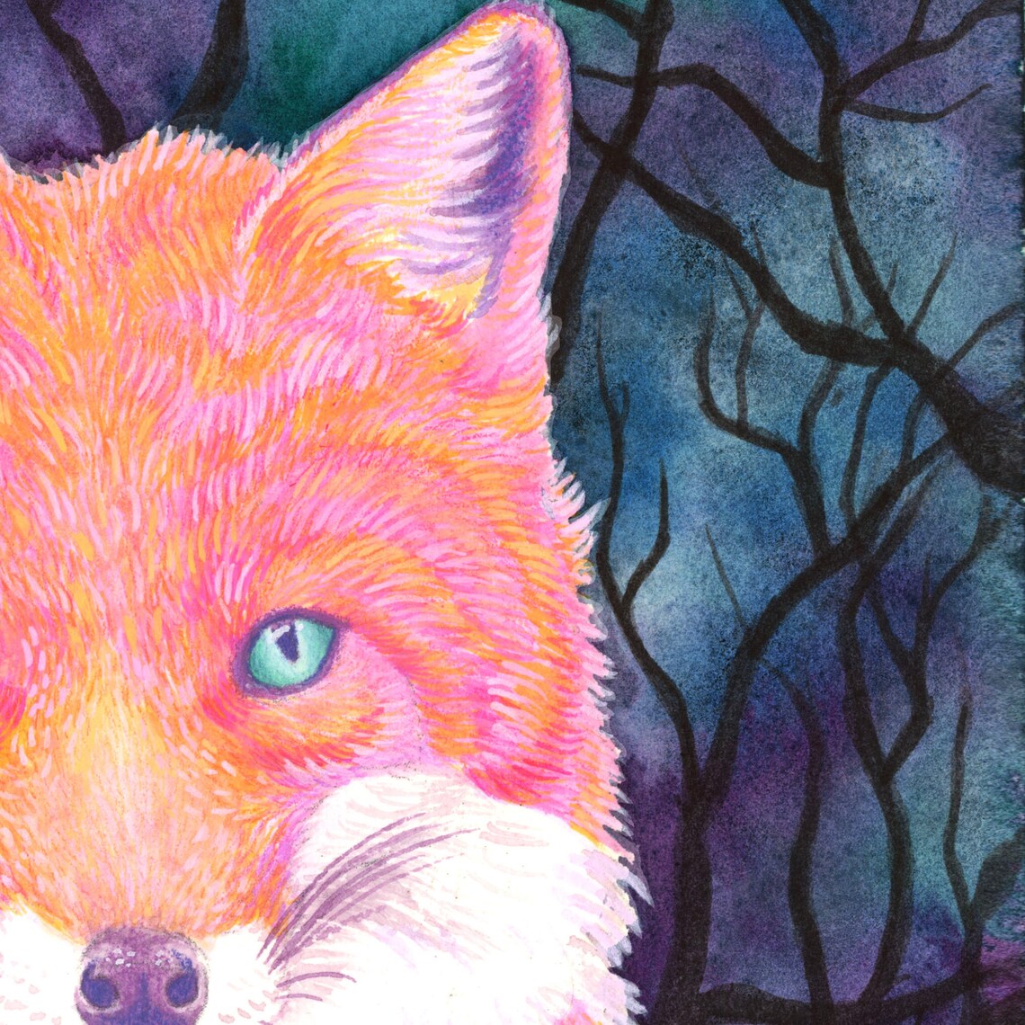 Trippy Holographic Fox Art Print Watercolor Fox Painting | Etsy