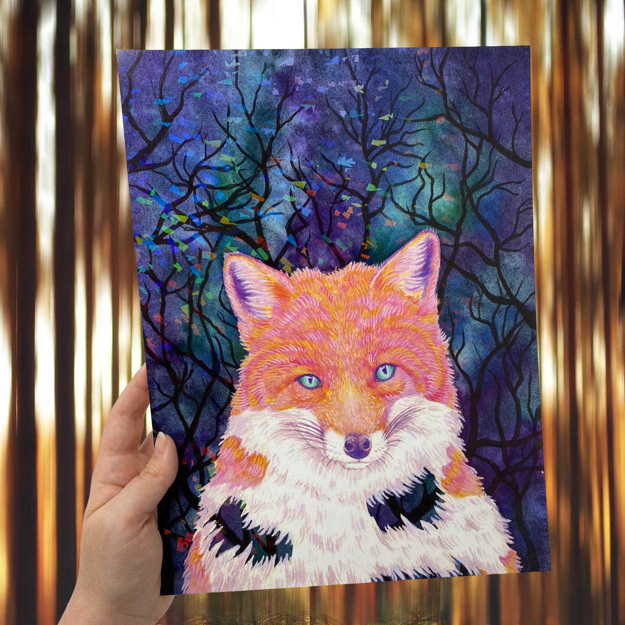 Trippy Holographic Fox Art Print Watercolor Fox Painting | Etsy