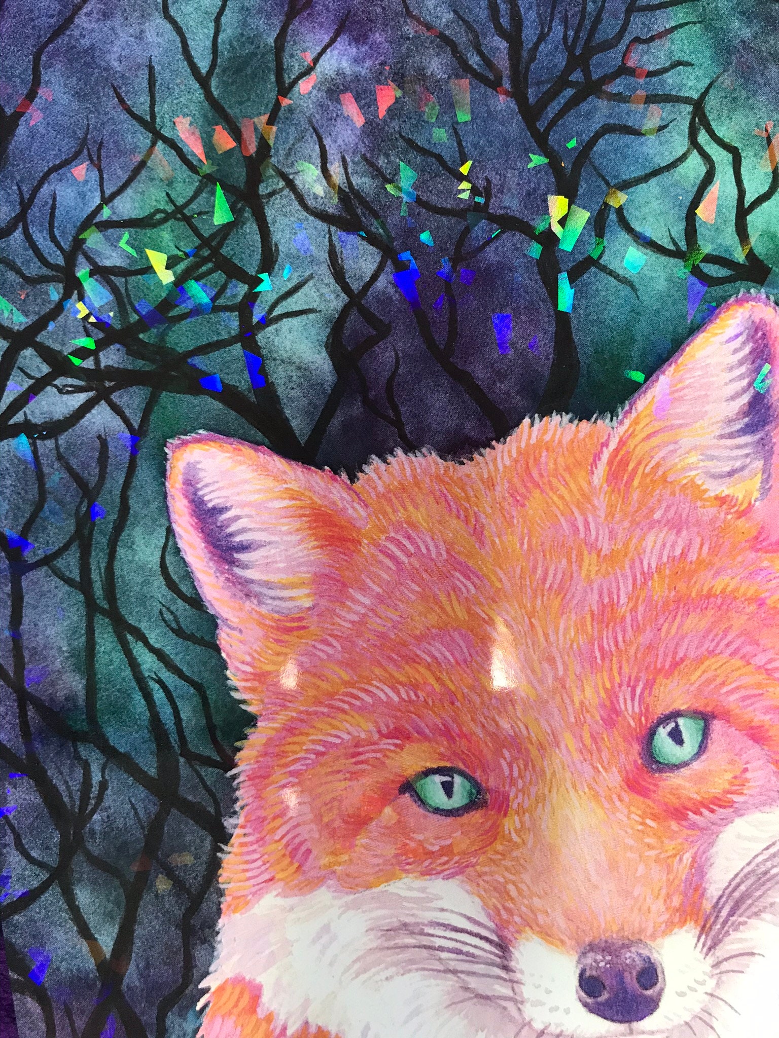 Trippy Holographic Fox Art Print Watercolor Fox Painting | Etsy