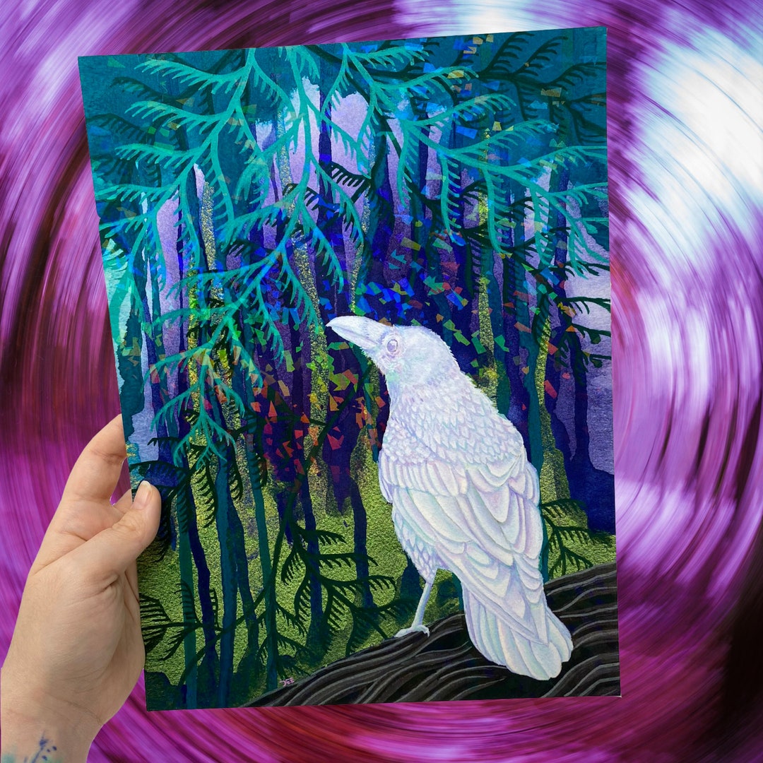 White Raven HOLOGRAPHIC Print, Raven Painting, Colourful Watercolour ...