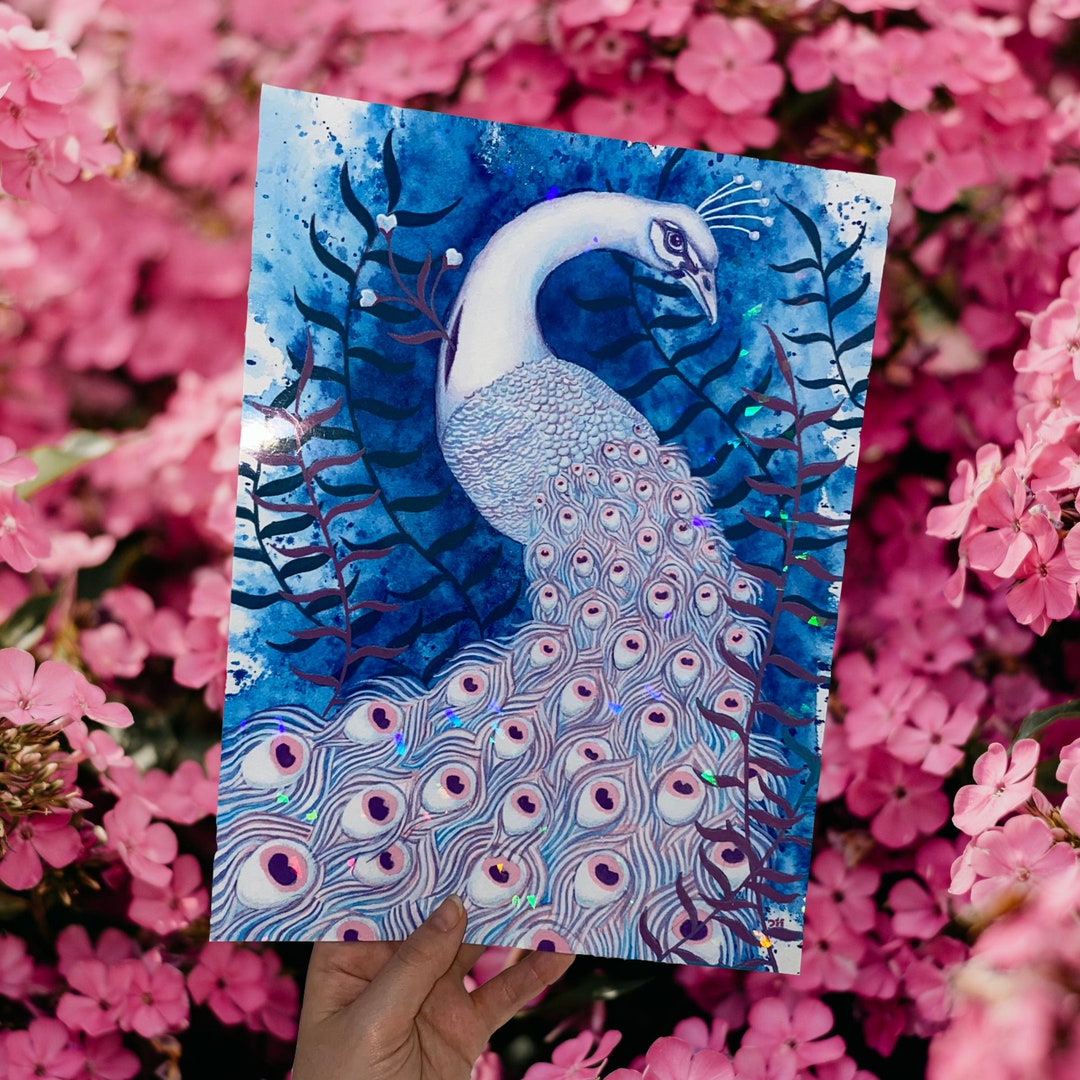 Holographic Peacock Art Print, Psychedelic Trippy Peacock Painting ...