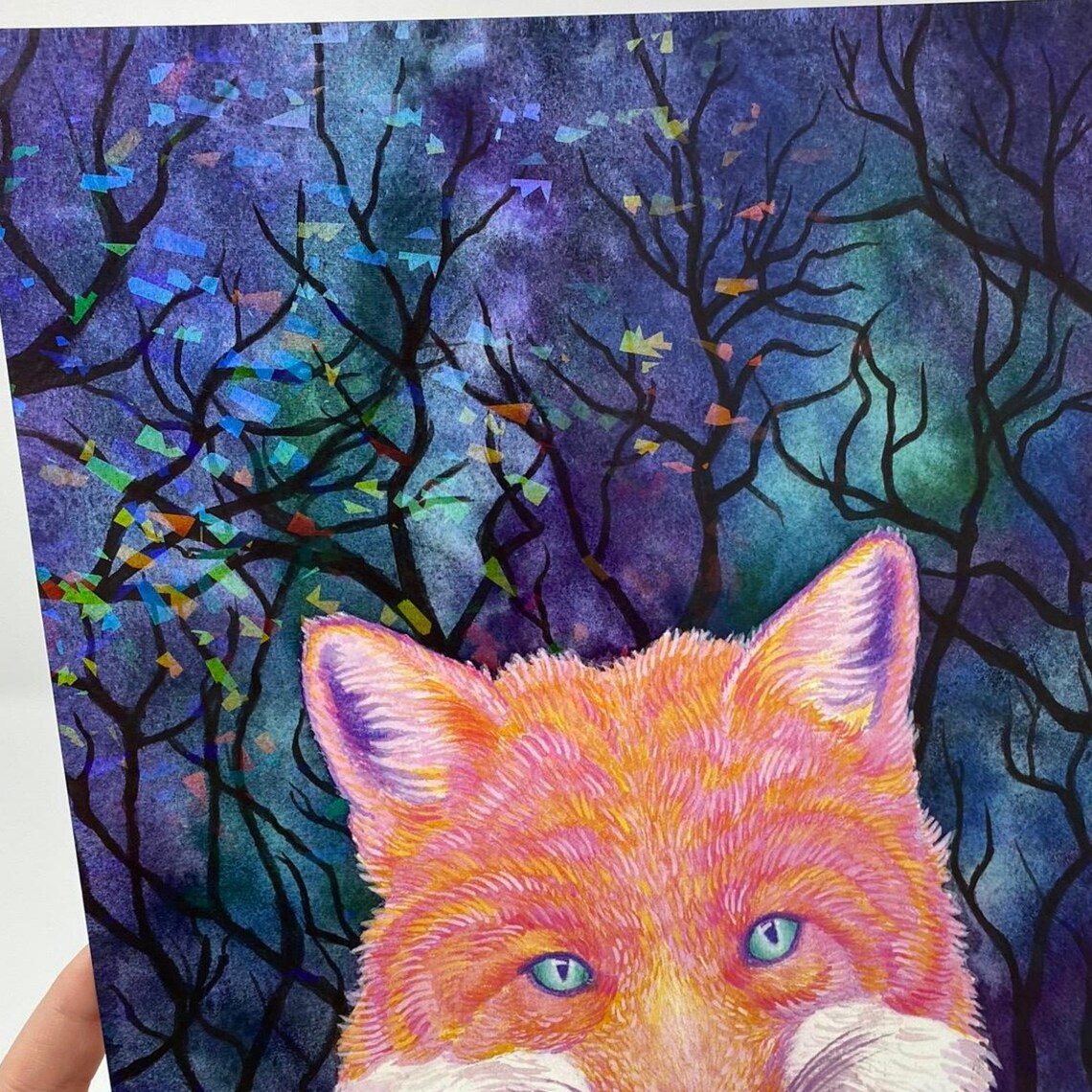Trippy Holographic Fox Art Print Watercolor Fox Painting | Etsy