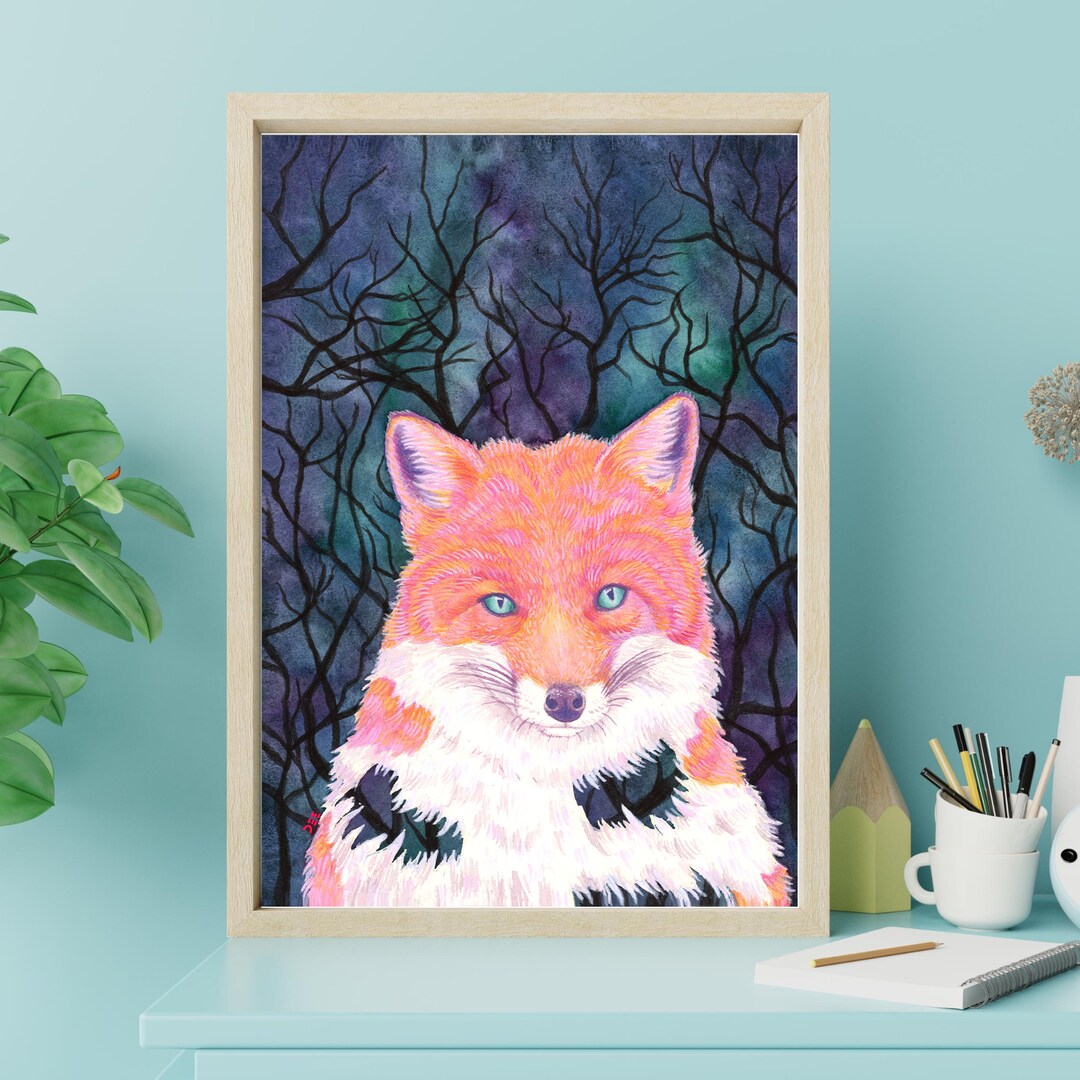 Trippy Holographic Fox Art Print, Watercolor Fox Painting, Colourful ...