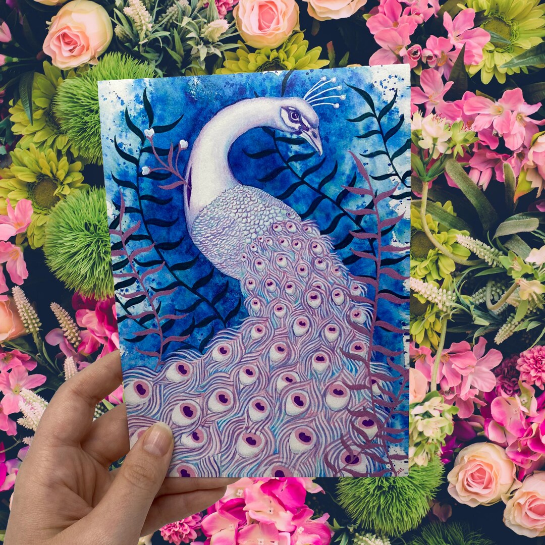 Watercolour Peacock Painting Print, 5x7" Postcard Print, Colorful ...