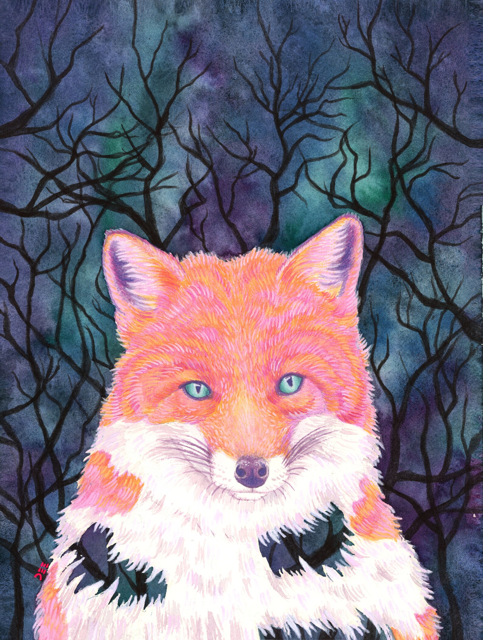 Trippy Holographic Fox Art Print Watercolor Fox Painting | Etsy