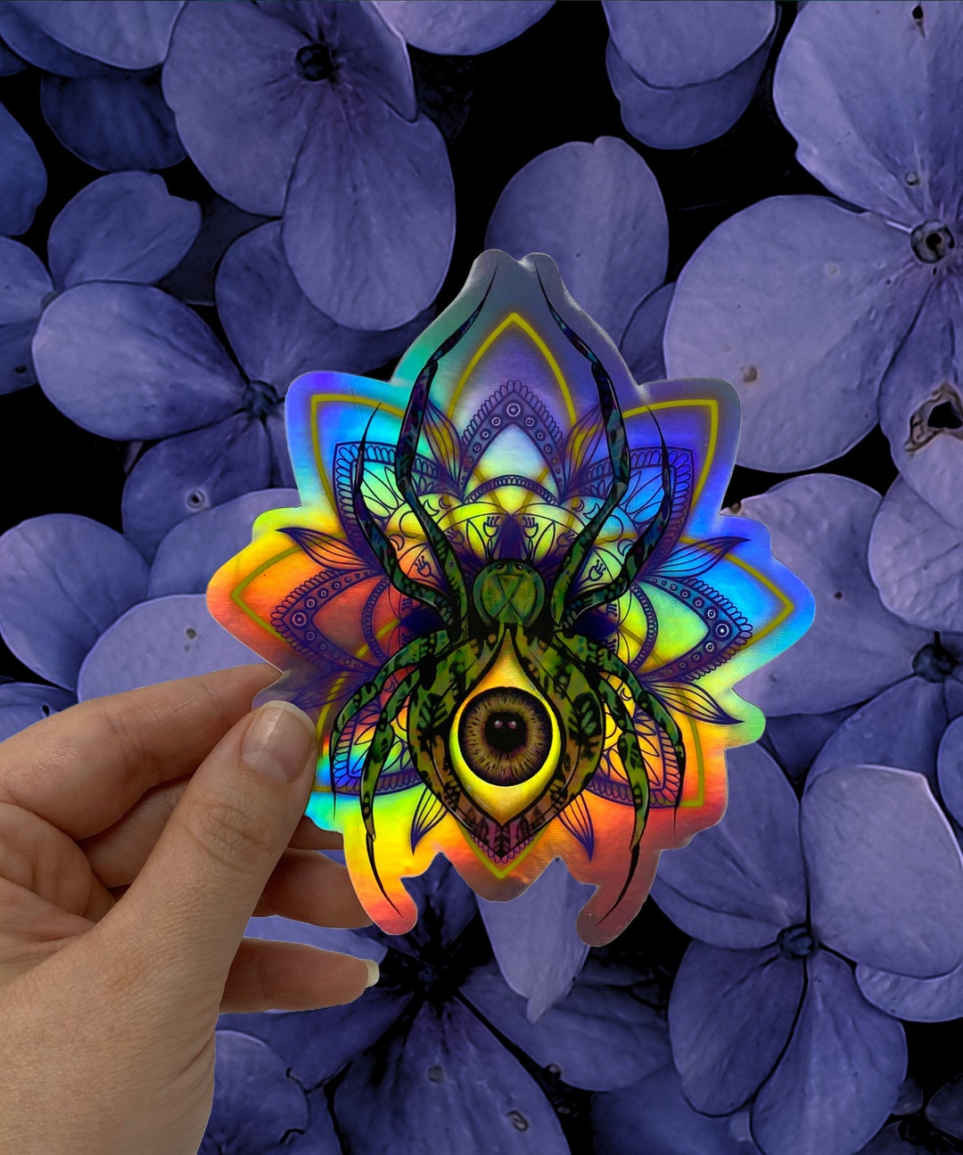 Holographic Trippy Mandala Spider, Psychedelic Glowing Neon Sticker ...